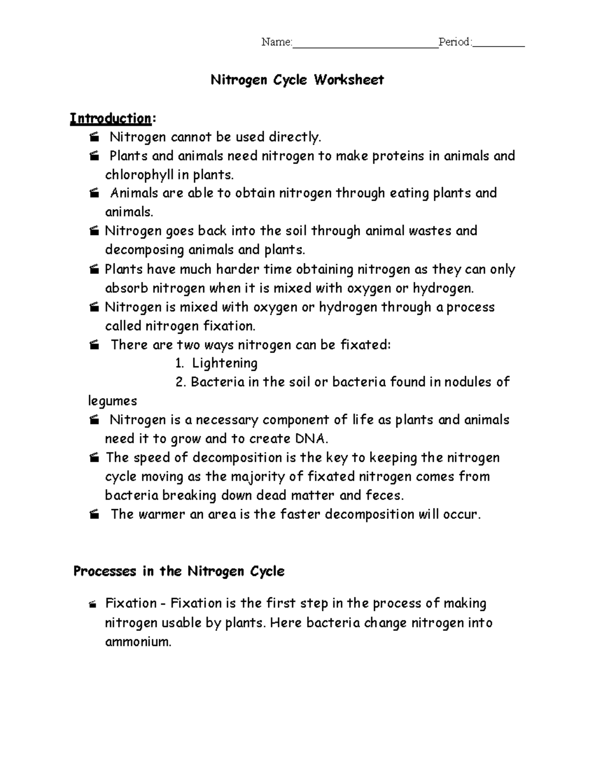 Nitrogen cycle w questions ans - Name: Period: Nitrogen Cycle Worksheet ...