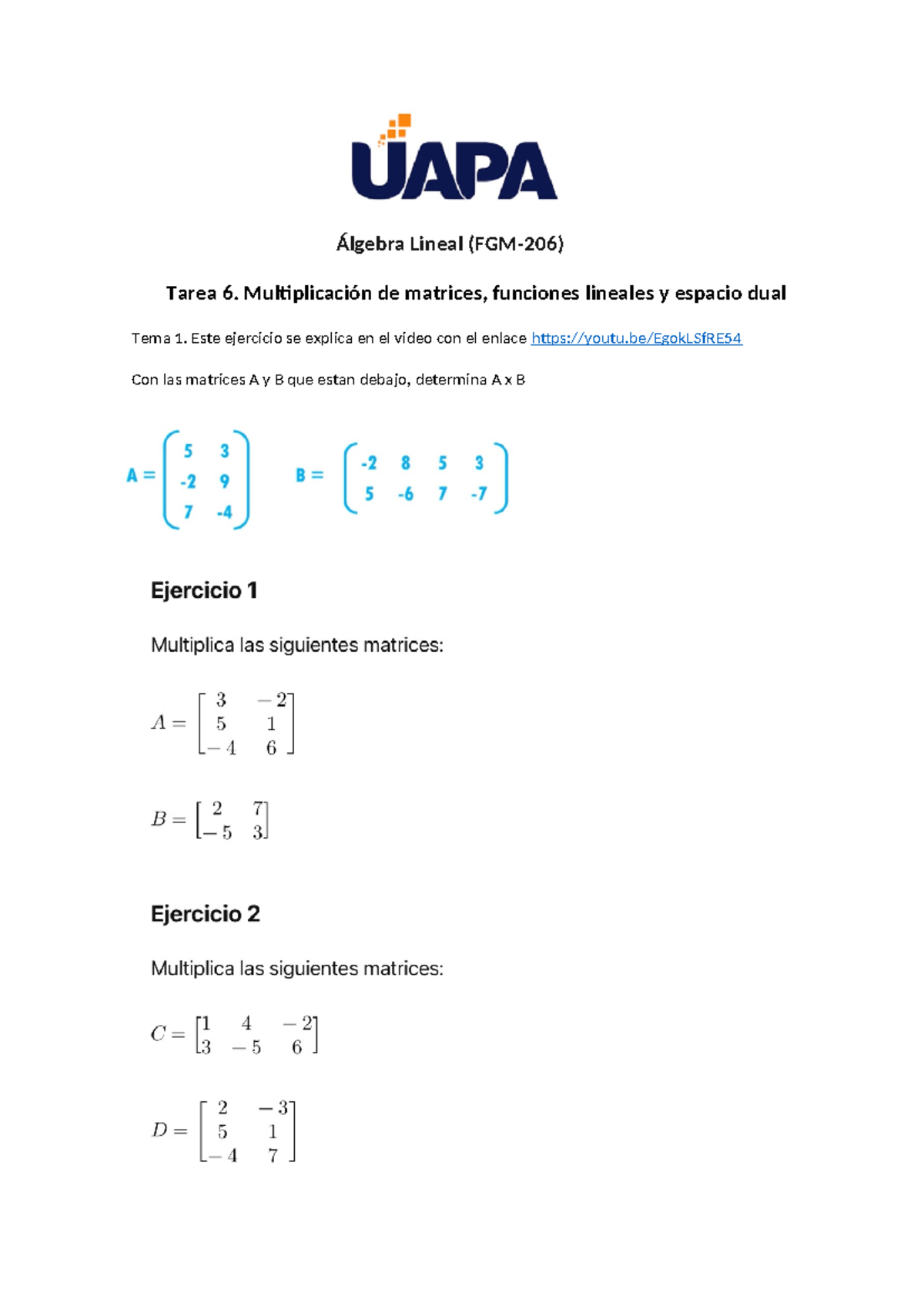 Tarea 6: Multiplicación de Matrices y Funciones Lineales en Álgebra ...