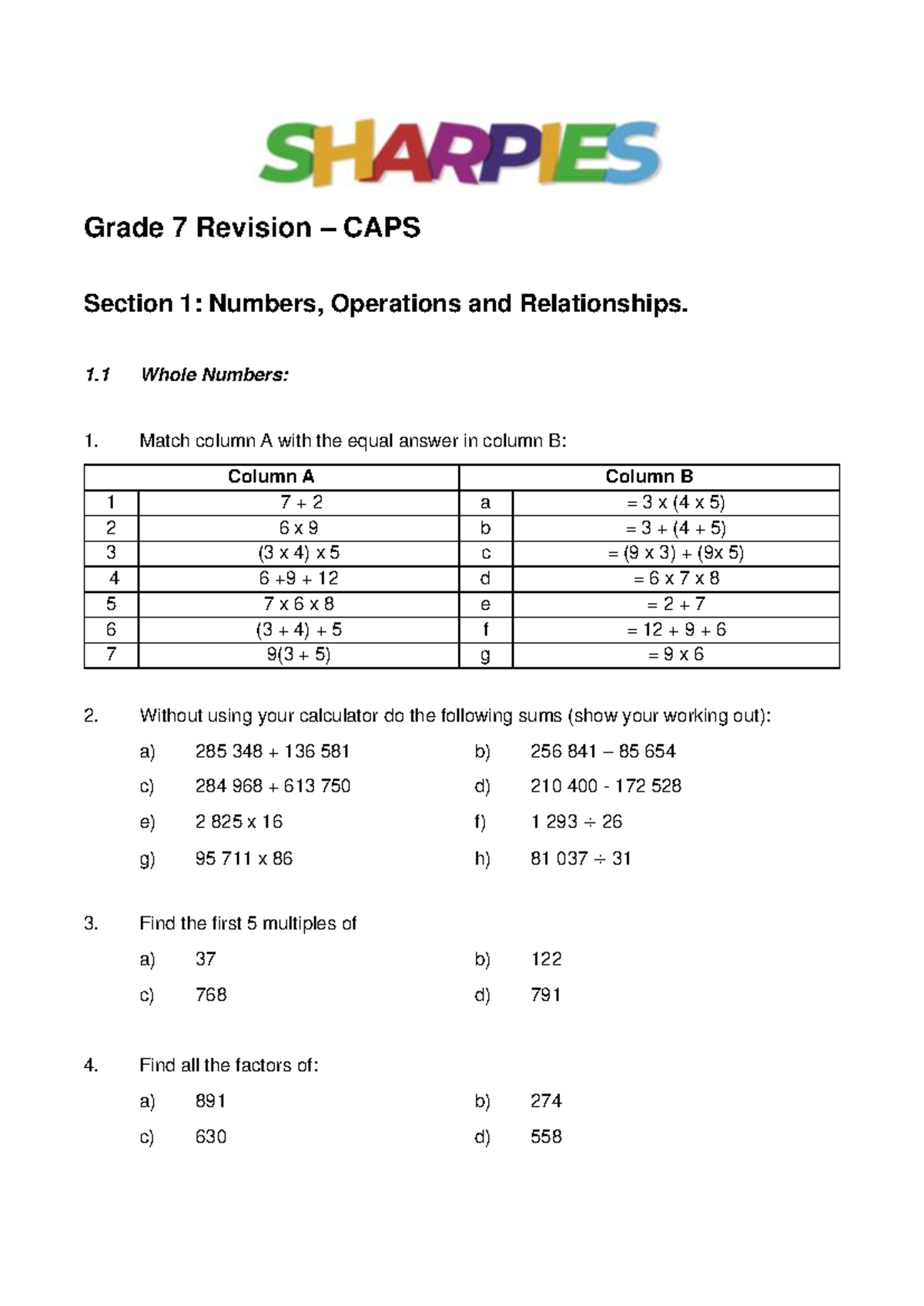 Grade 7 Revision CAPS: Numbers, Operations, and Relationships - Studocu