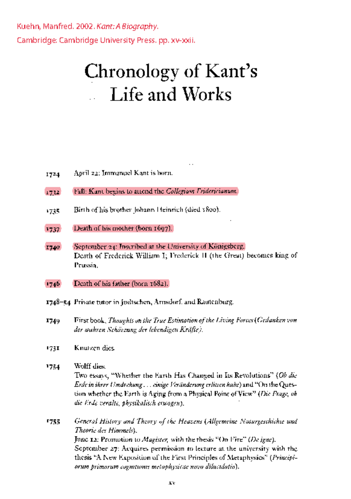 Kant: Chronology of Life and Works - Study Notes for PHIL 101 - Studocu
