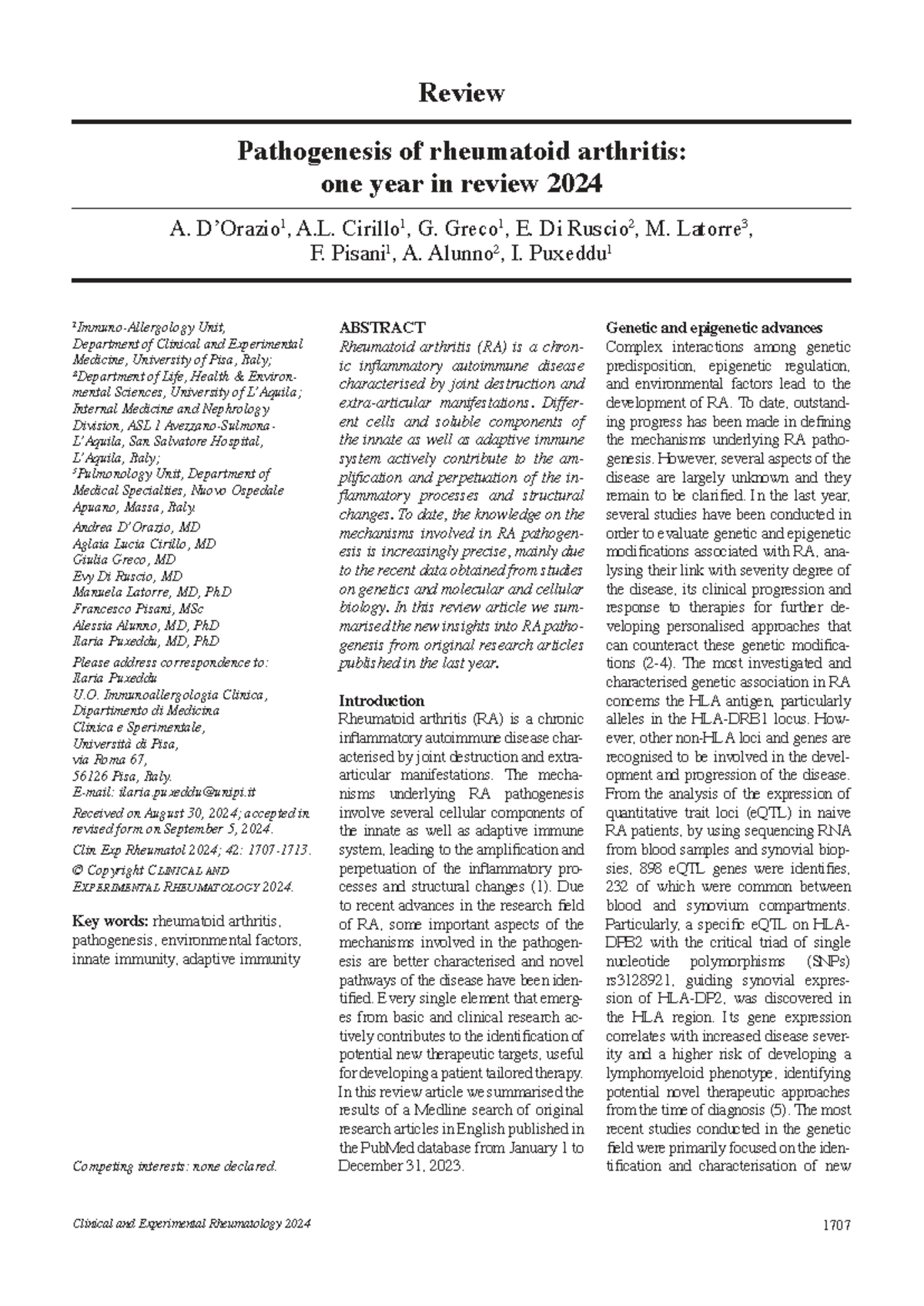 Review of RA Pathogenesis: Insights from 2023 Research (Clin Exp ...