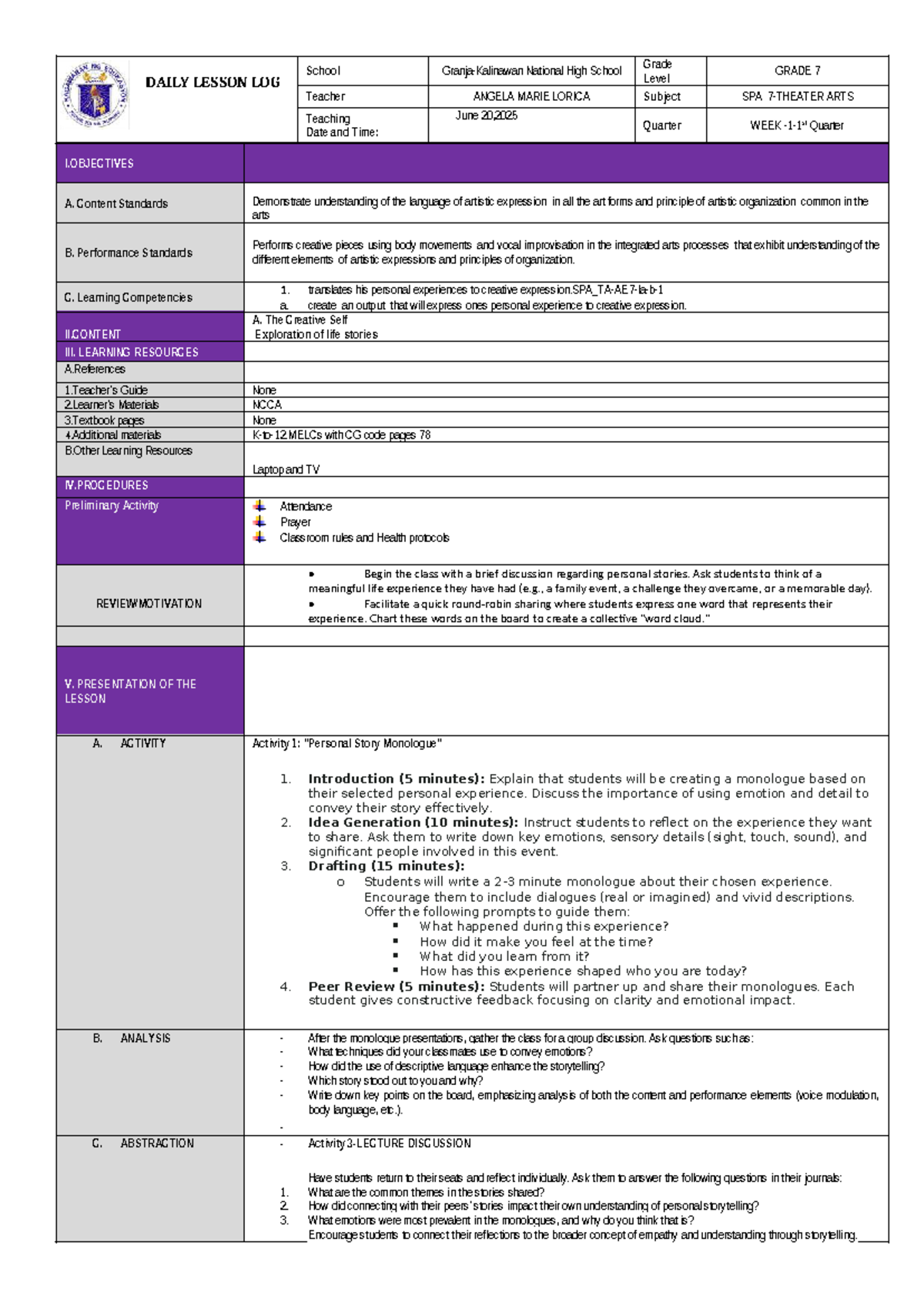 SPA ARTS 7 Q1 - Lesson Log for Creative Expression Activities - Studocu