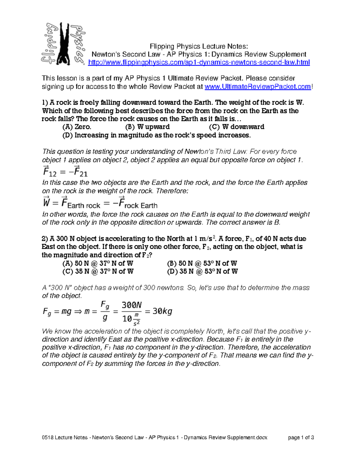 0518 lecture notes - newtons second law - ap physics 1 - dynamics ...