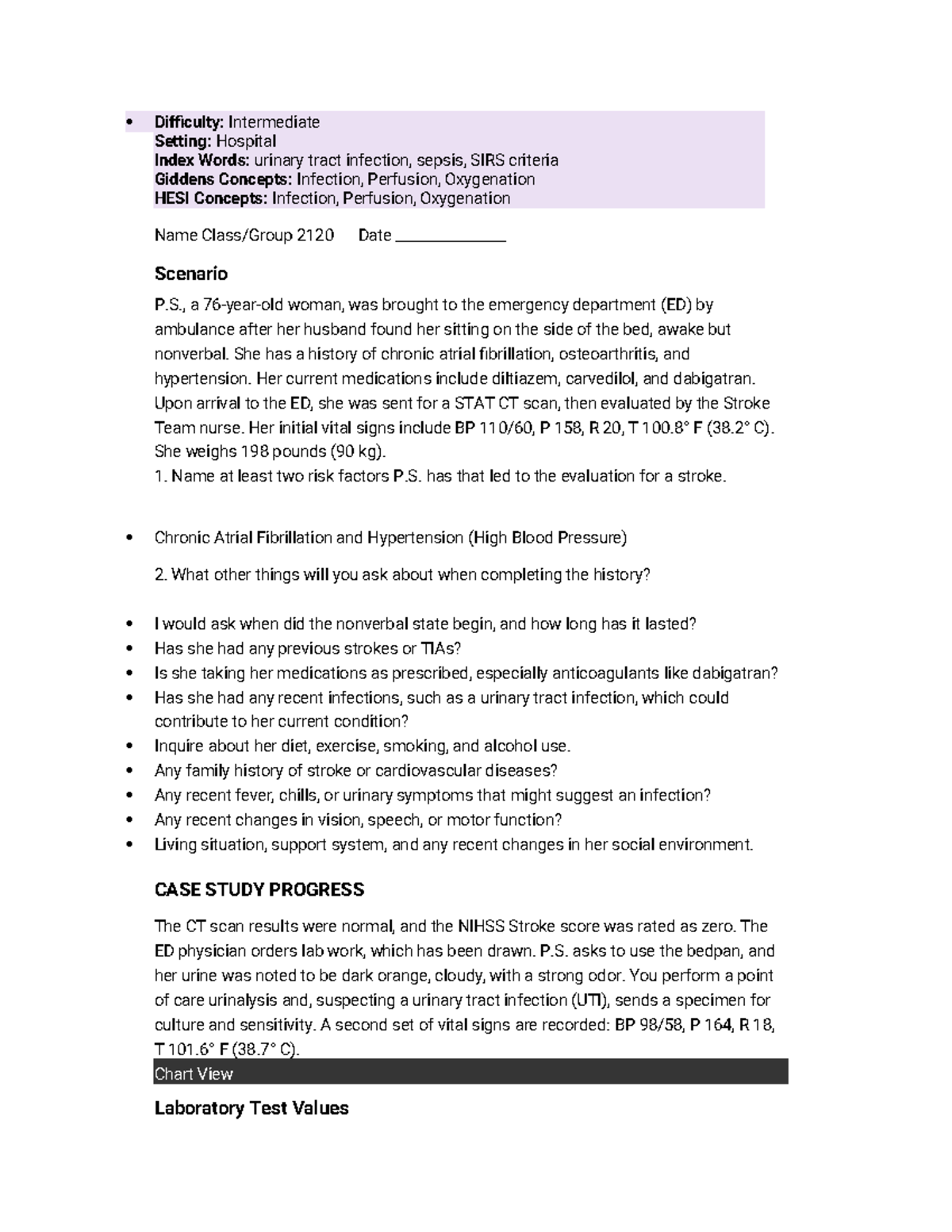 Sepsis case study STUD - Health - Difficulty: Intermediate Setting: Hospital Index Words ...