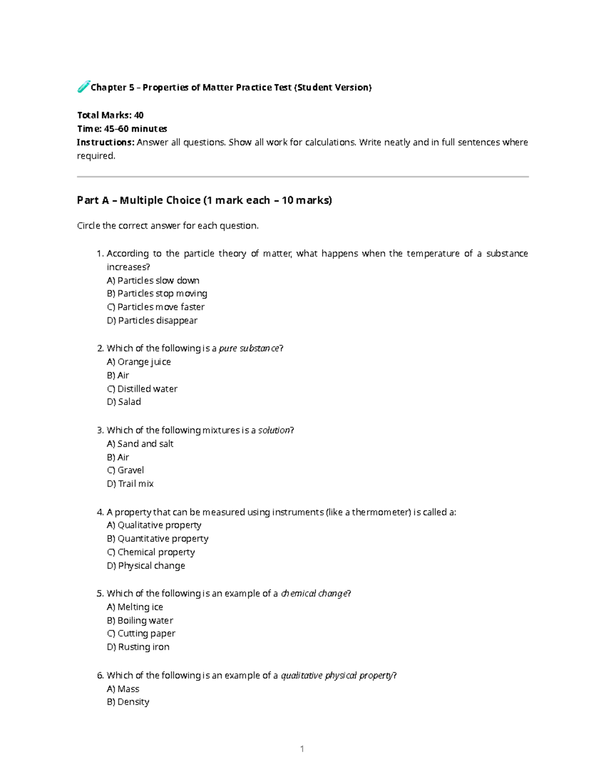 Chapter 5 Properties of Matter Practice Test (Student Version) - Studocu