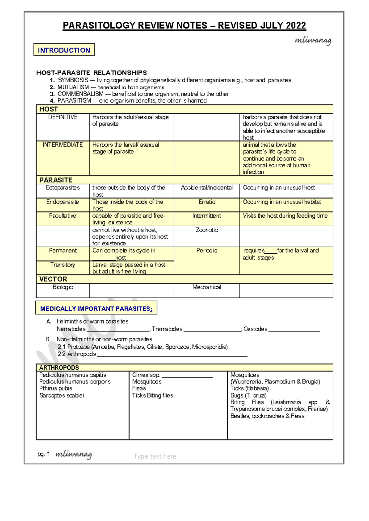 Parasitology Review Notes (2022) - Key Concepts and Relationships - Studocu