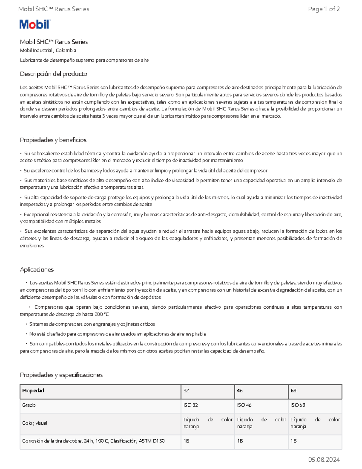 Mobil SHC Rarus 46 - Ficha Técnica de Lubricante para Compresores - Studocu