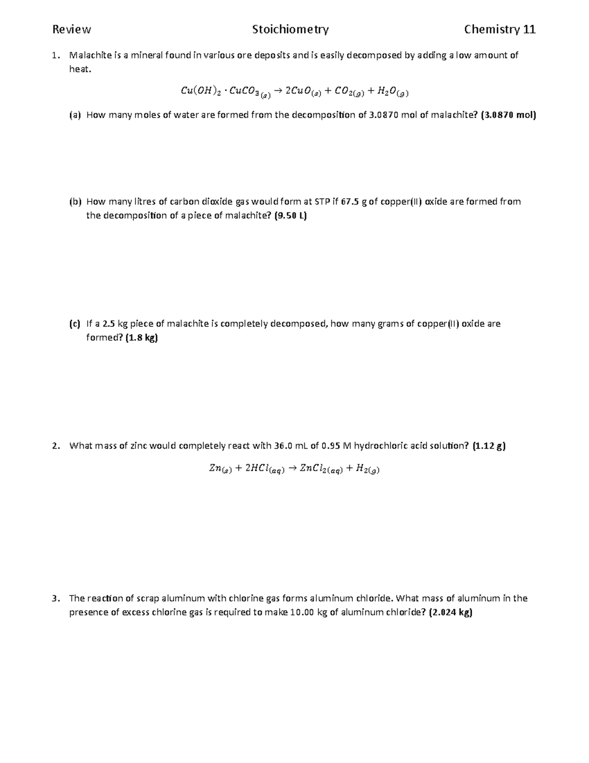 Stoichiometry Review - Chemistry 11 Notes for Exam Preparation - Studocu