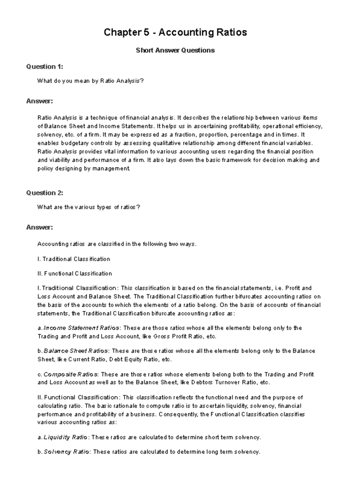 Ch 5 - Accounting Ratios: Short Answer & Long Answer Questions - Studocu