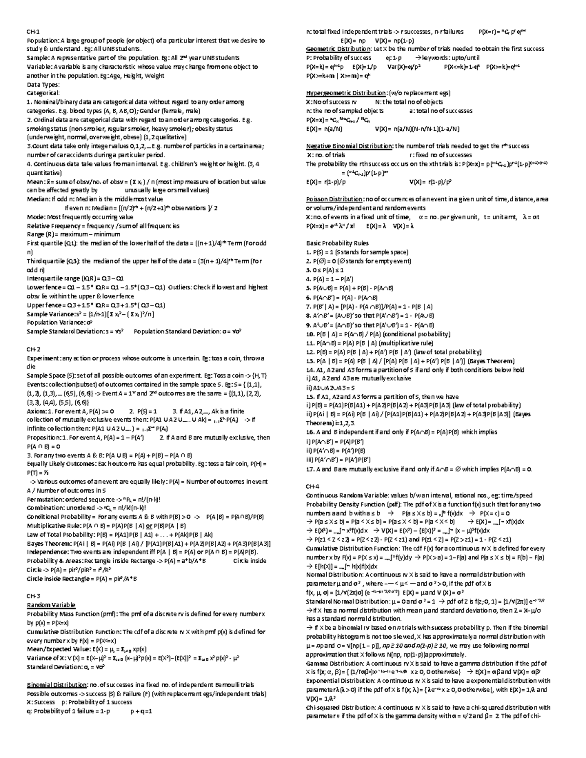 Cheat Sheet: Key Formulas for Probability & Statistics (STAT 101) - Studocu