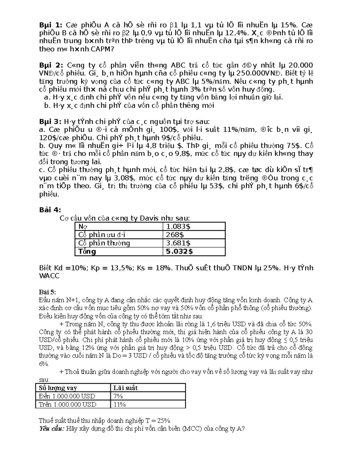 Bai tap chuong 5 chi phi von - Bμi 1: Cæ phiÕu A cã hÖ sè rñi ro β1 lμ 1,1 vμ tû lÖ lîi nhuËn lμ ...