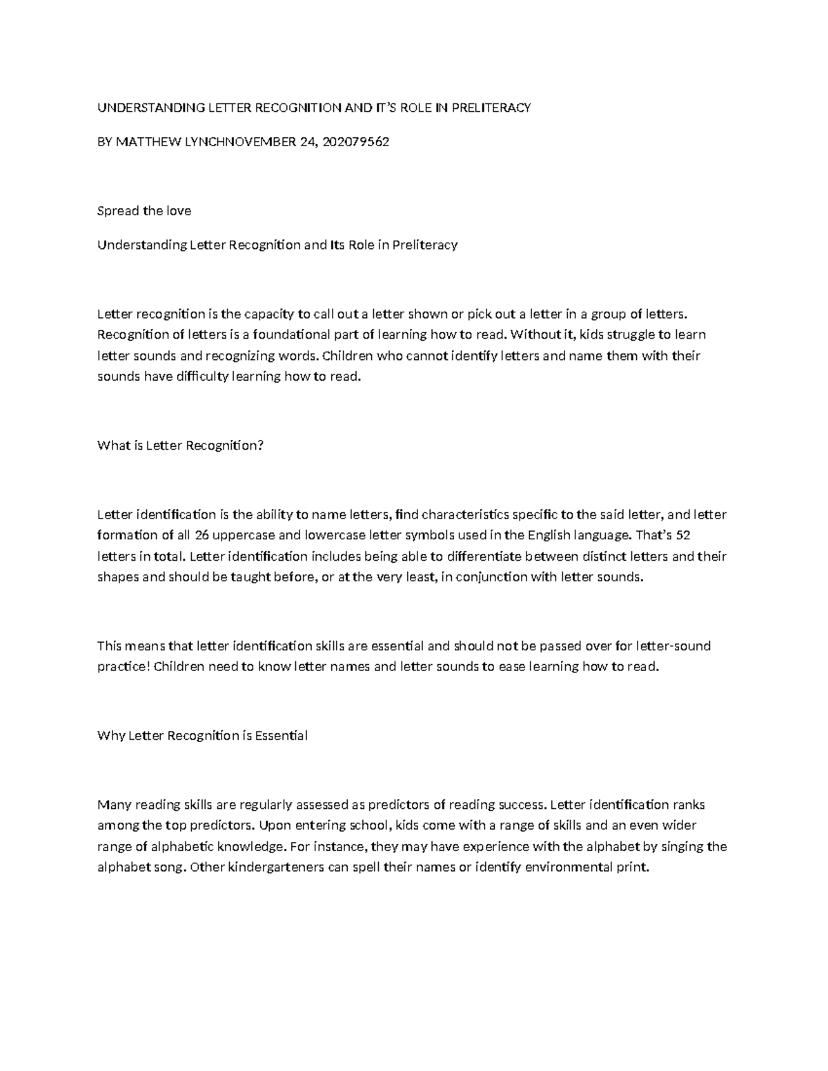Understanding Letter Recognition and Its Role in Preliteracy (EDU 79562 ...