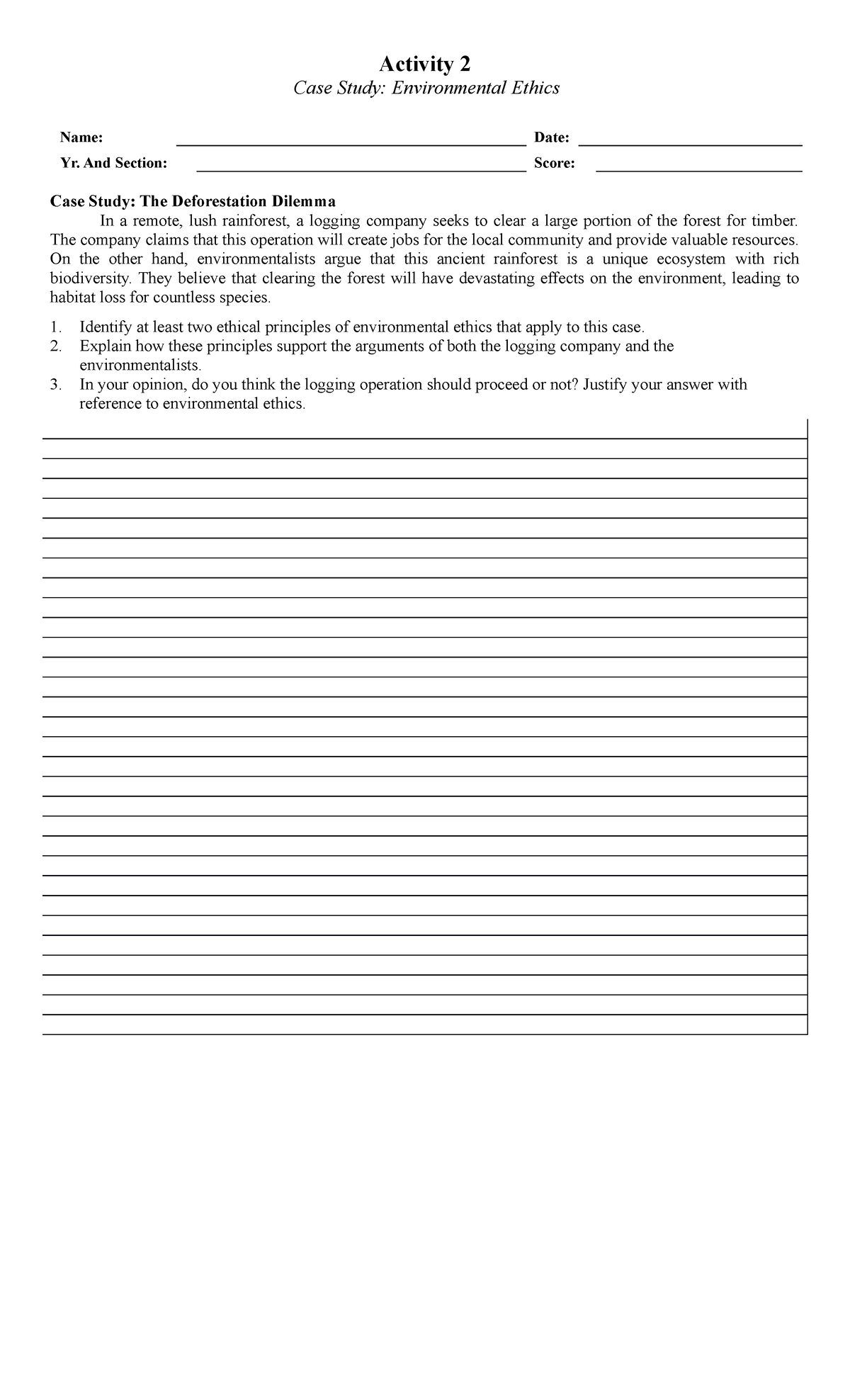 Activity 2 Case Study: Environmental Ethics on Deforestation Dilemma ...