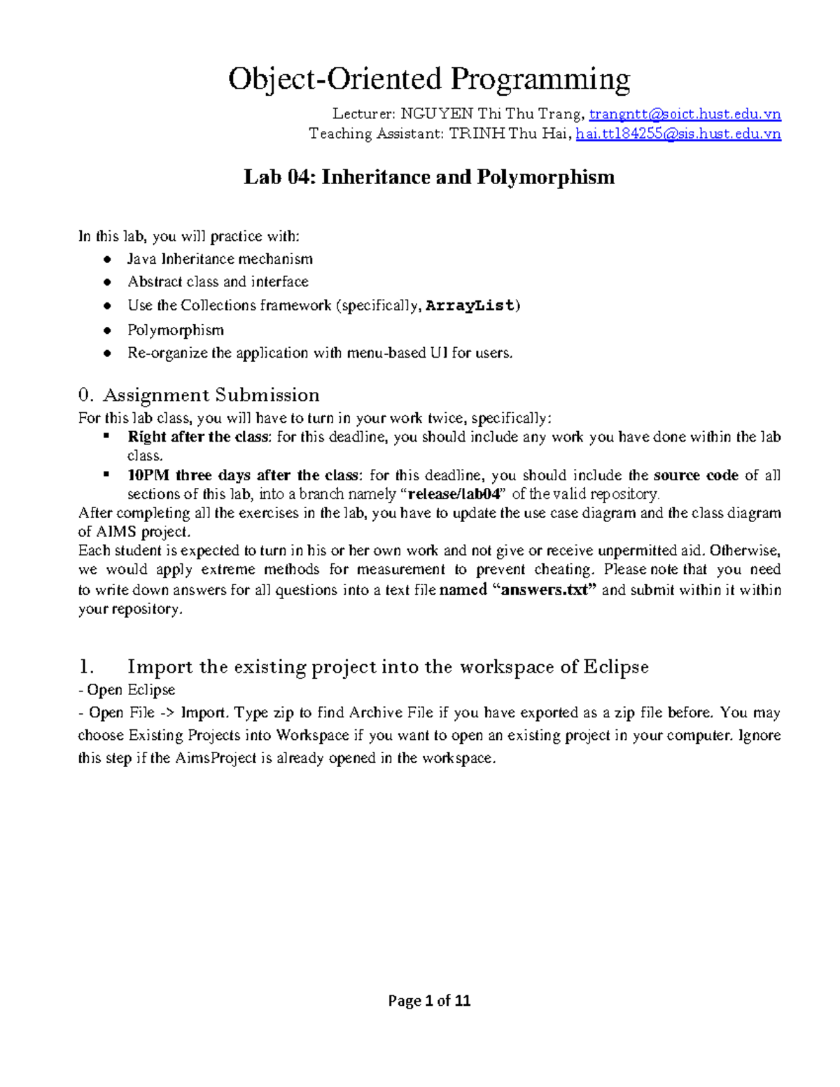 OOP-Lab04-Inheritance Polymorphism - Object-Oriented Programming Lecturer: NGUYEN Thi Thu Trang ...