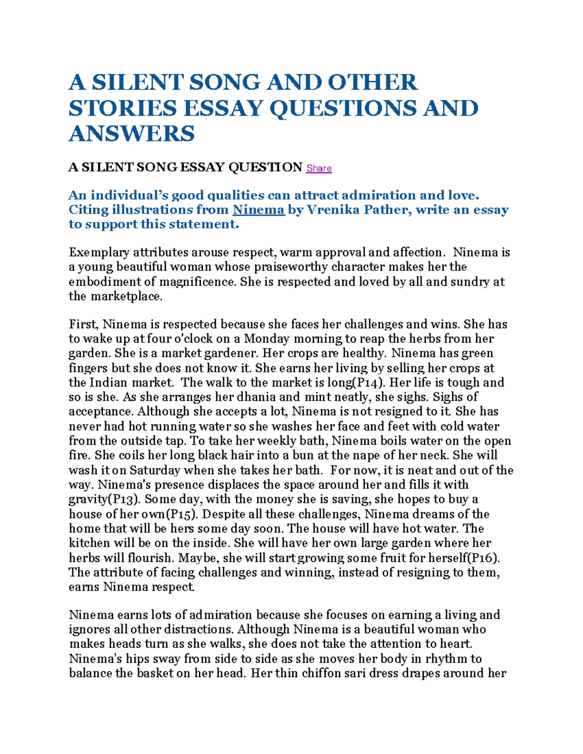 AENG 101: A Silent Song & Other Stories - Essay Questions & Answers ...