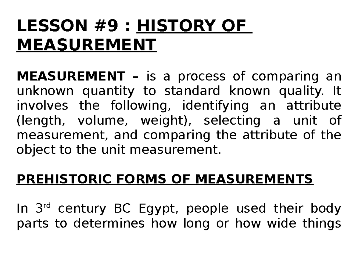 Lesson 9: History of Measurement and Its Evolution - Studocu