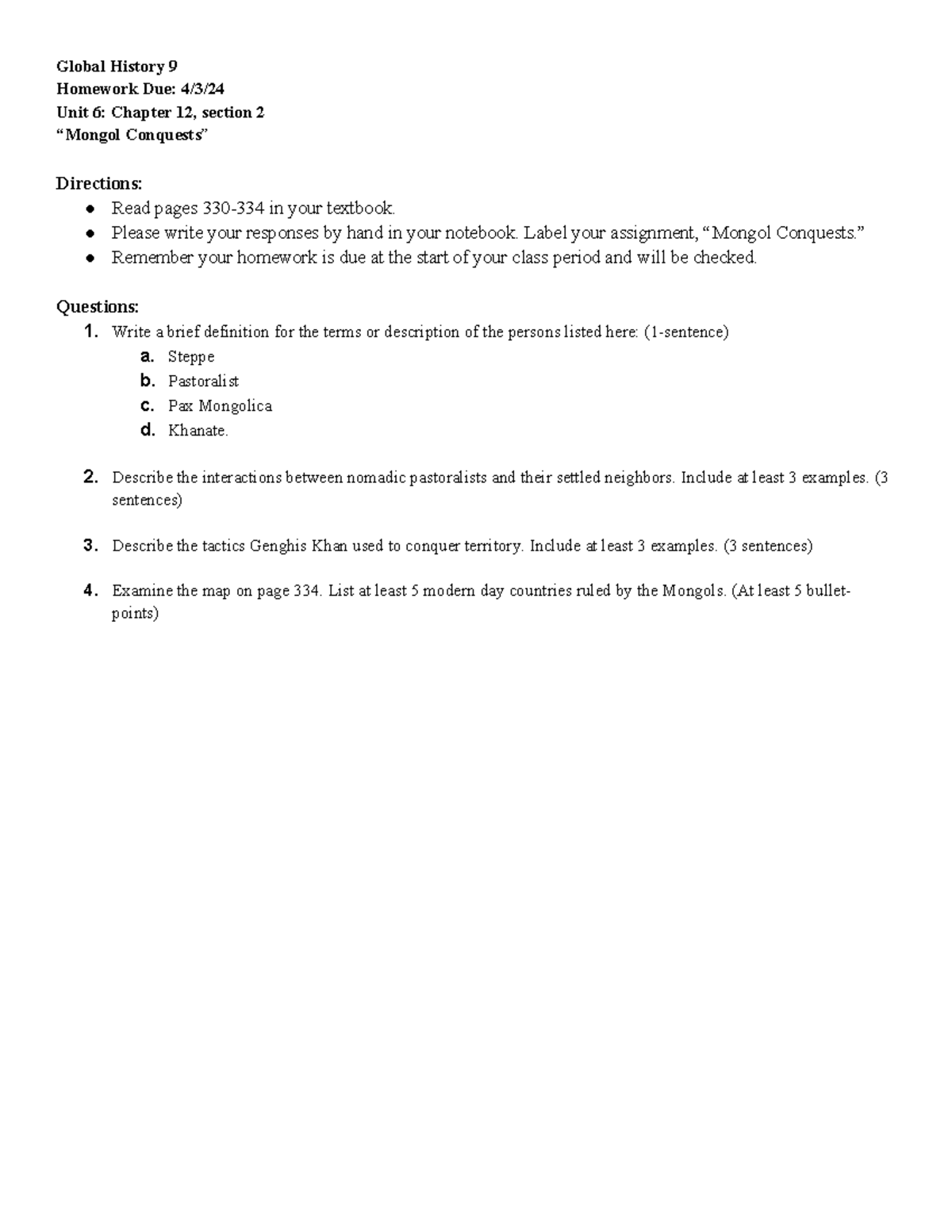Global History 9 HW: Unit 6, Chapter 12 - Mongol Conquests - Studocu