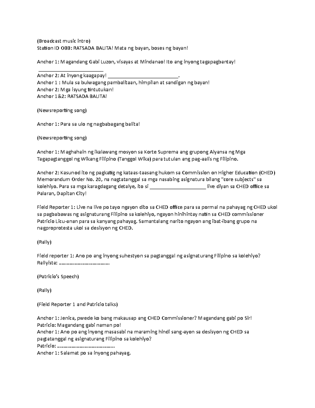 Ratsada Balita - SCRIPT - (Broadcast music intro) Station ID OBB ...