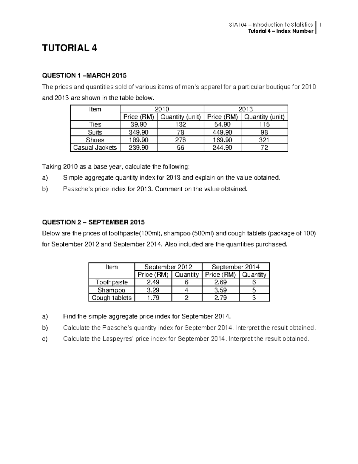 Tutorial 4 STA104: Index Number Analysis and Calculations - Studocu