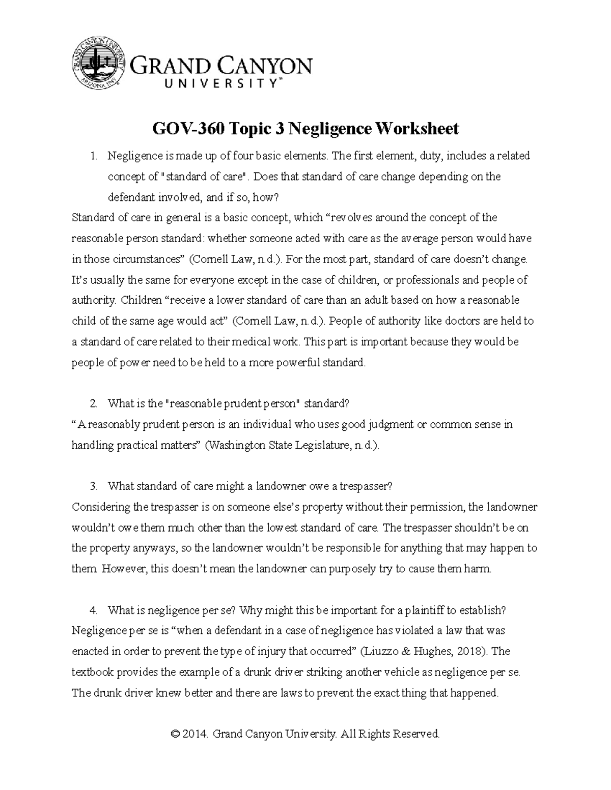 GOV-360 Negligence Worksheet: Key Concepts and Case Analysis - Studocu