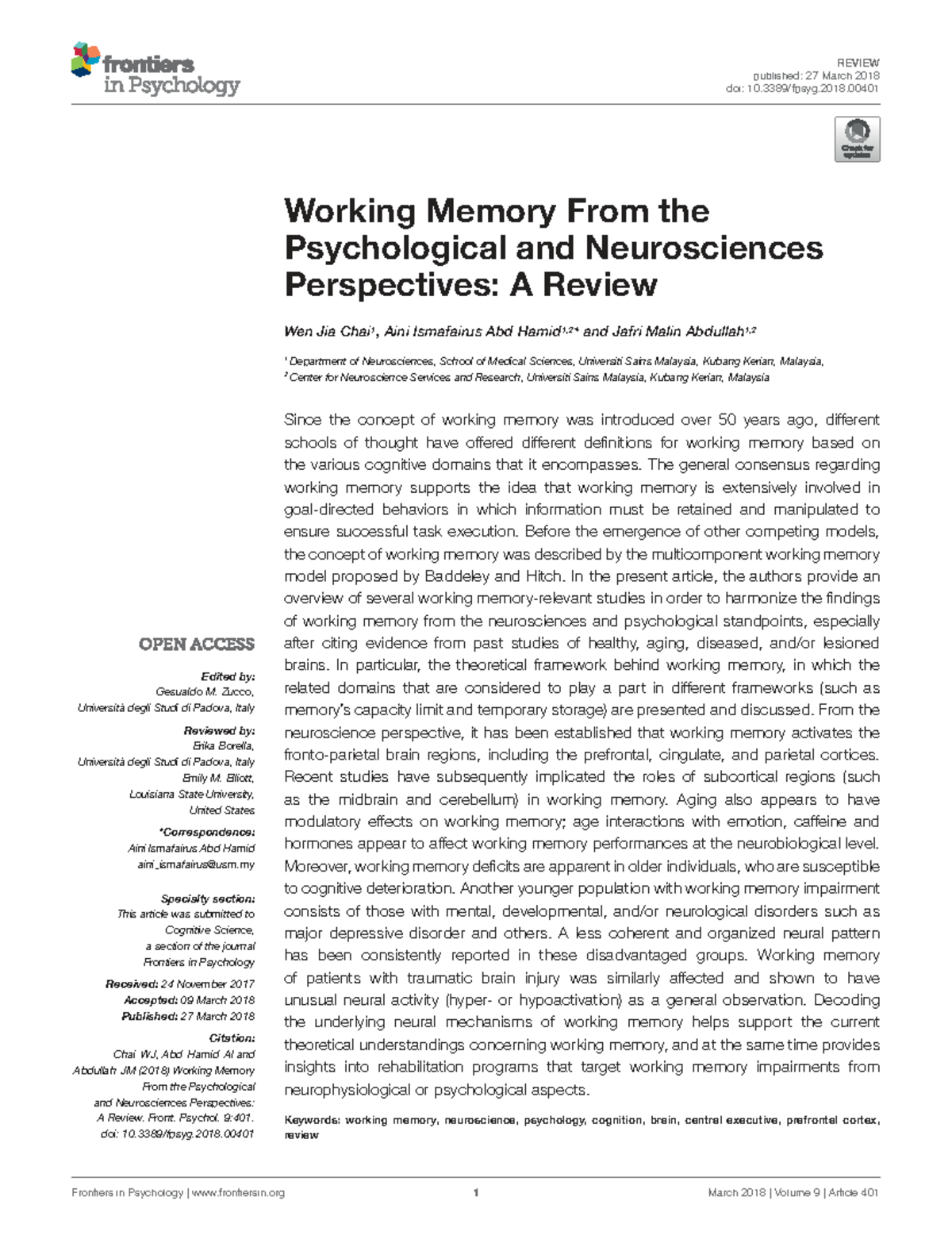 Working Memory: A Review from Psychological and Neuroscience ...
