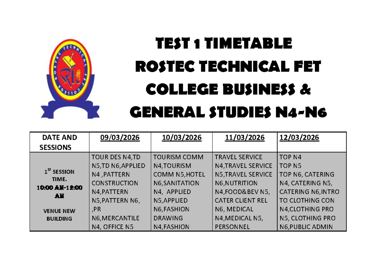 TEST 1 Timetable for First Semester 2026 - Rostec College - Studocu