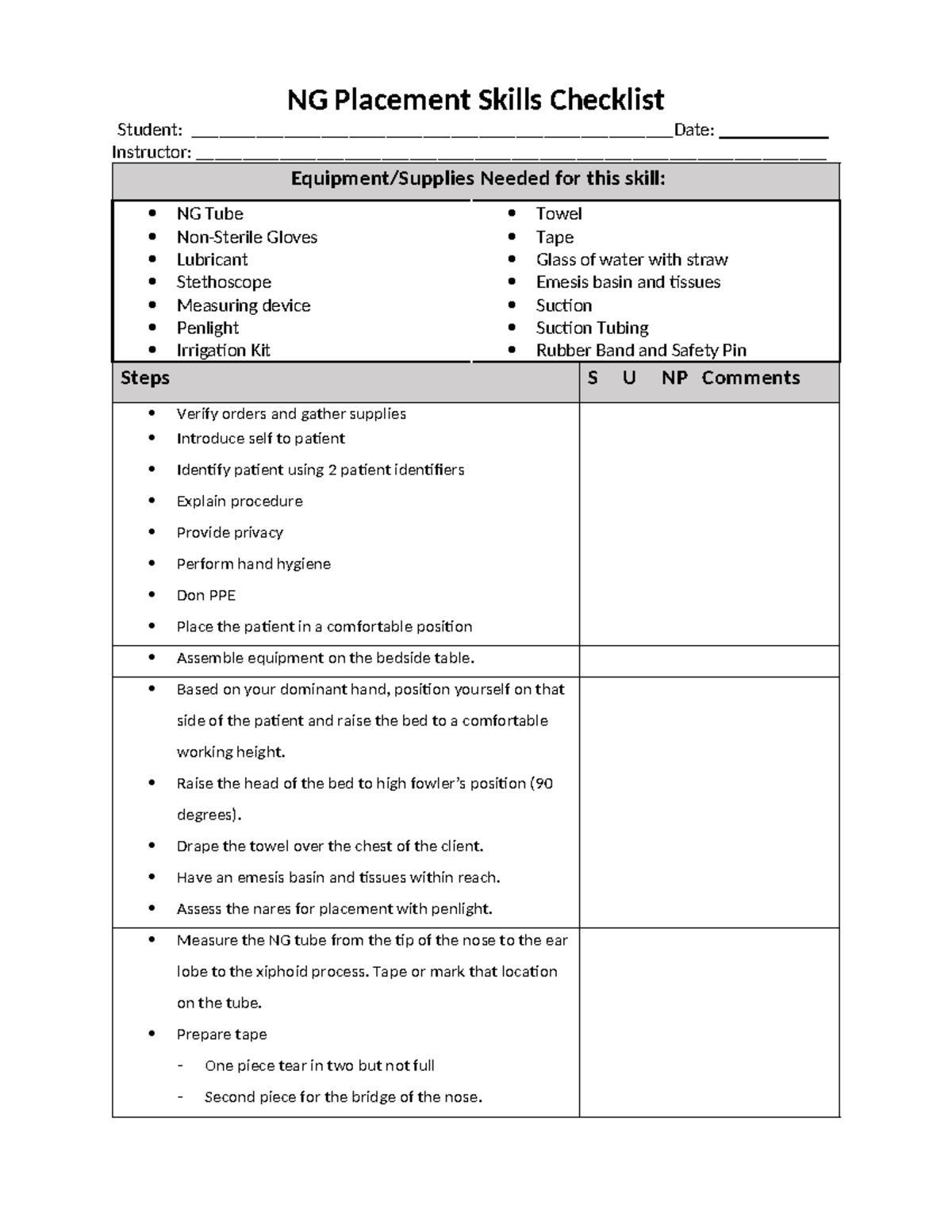 NG Placement Skills Checklist - Lab Performance Summary - Studocu