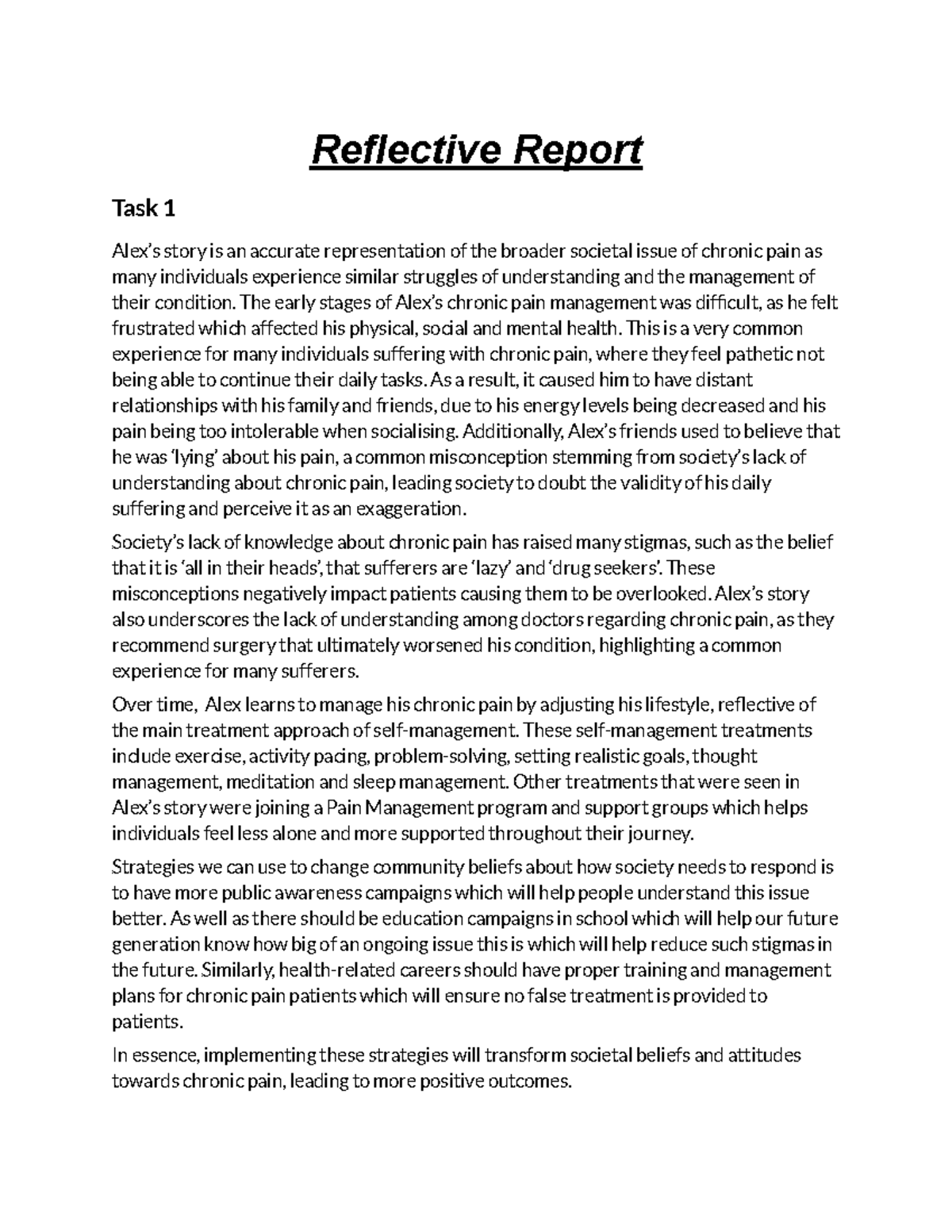 Pain society- Reflective Report - Reflective Report Task 1 Alex’s story ...