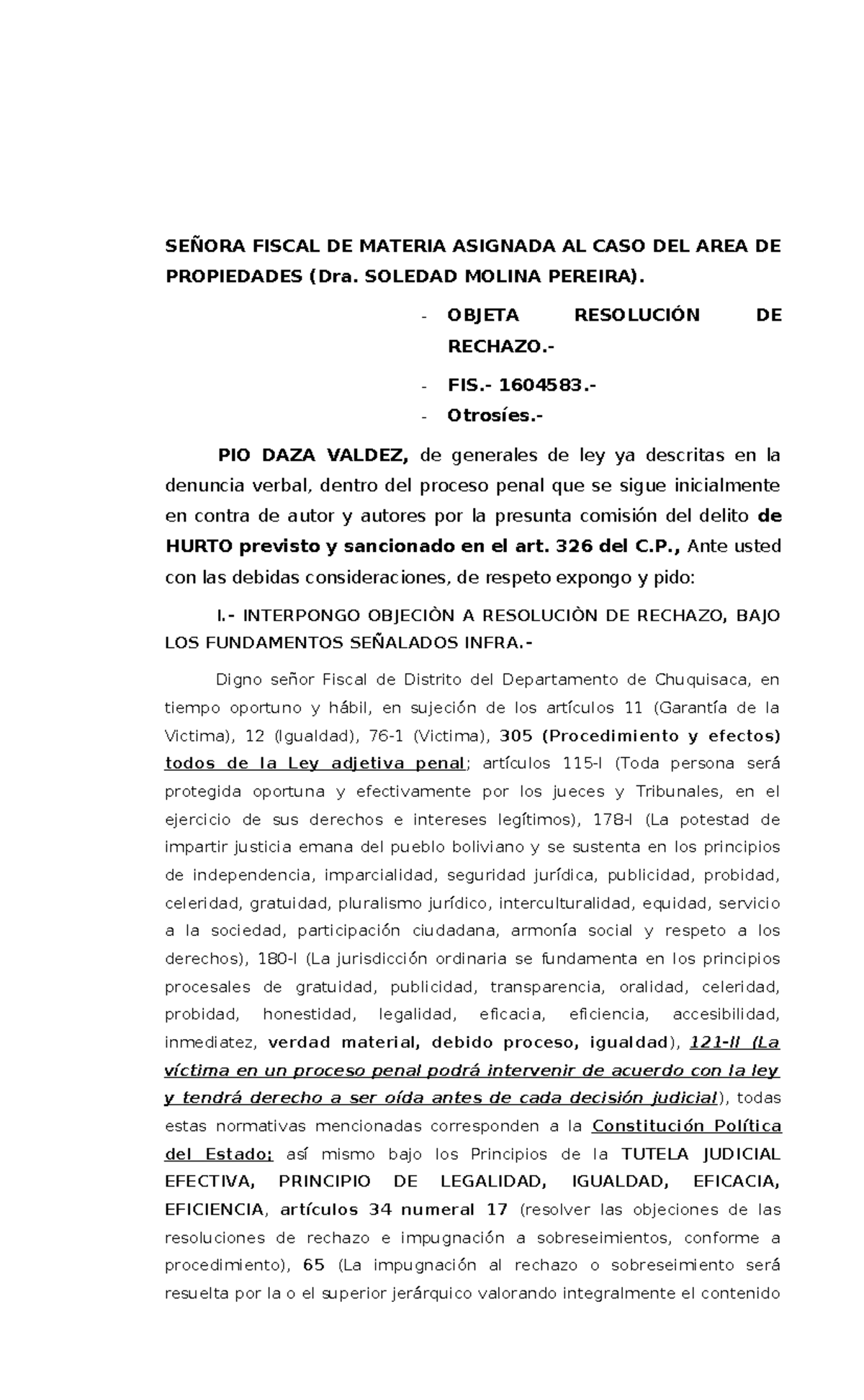 Objeción a la Resolución de Rechazo en el Caso de Hurto: PIO DAZA ...