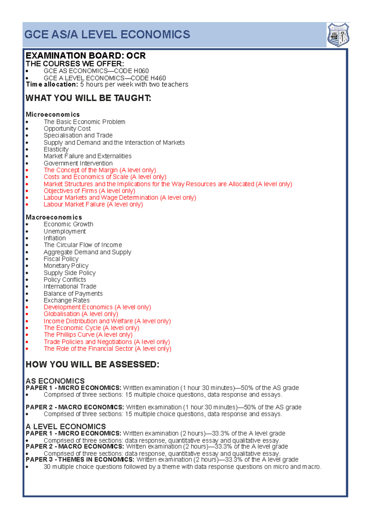 GCE Economics H060/H460 Exam Overview: Micro & Macro Topics - Studocu