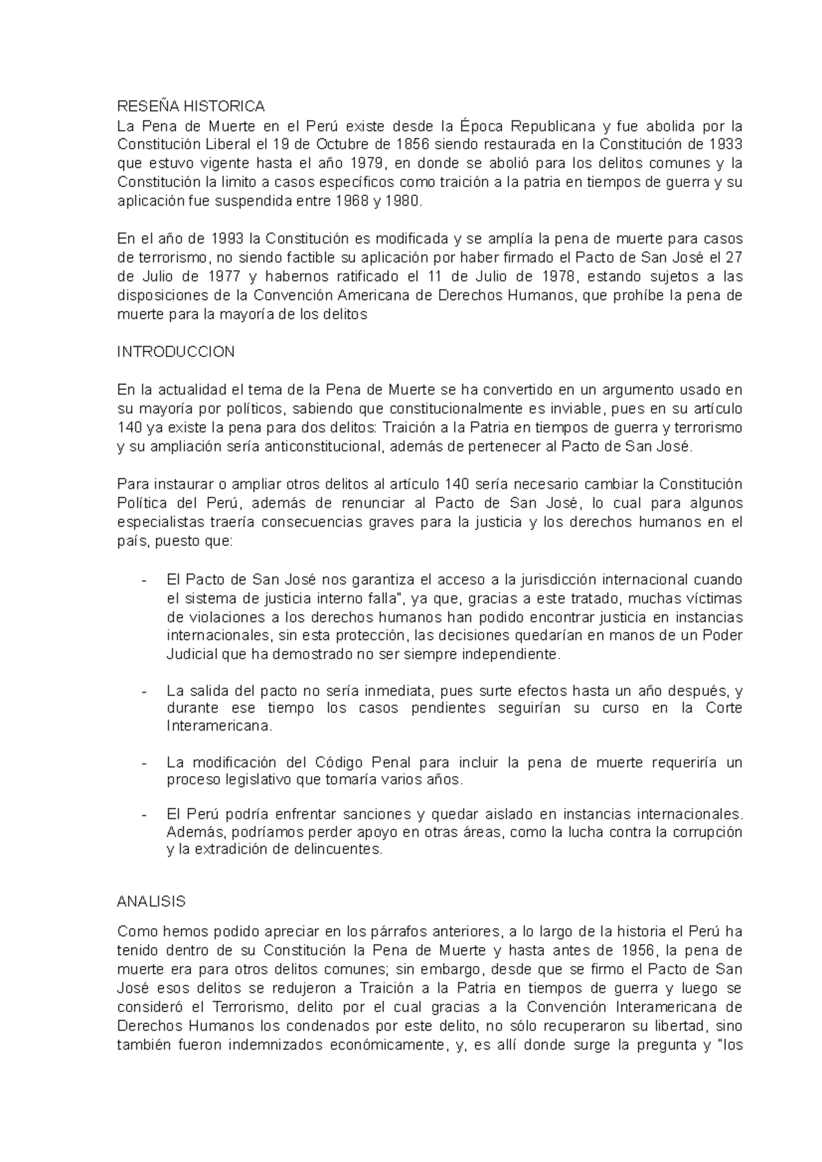 PENA DE MUERTE EN EL PERÚ: ANÁLISIS HISTÓRICO Y LEGAL - Studocu