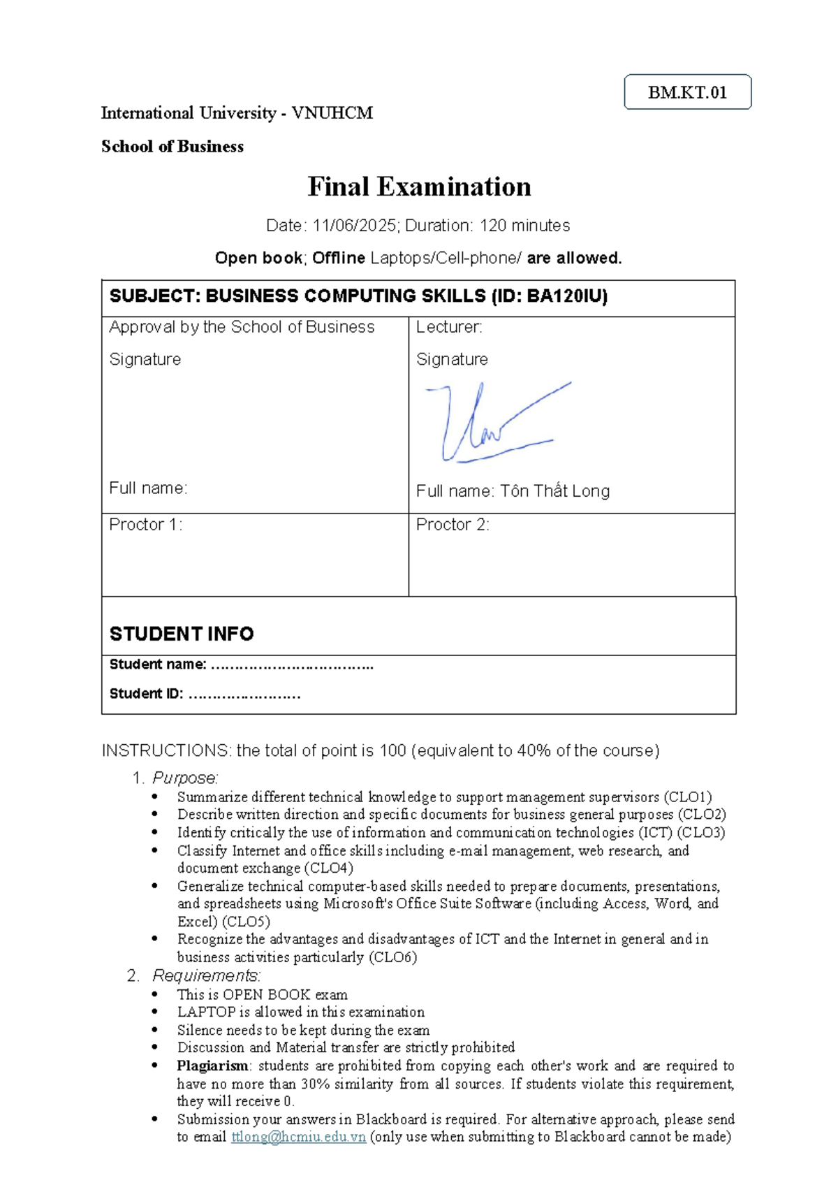 BM.KT.01 Final Exam: Business Computing Skills (BA120IU) Overview - Studocu