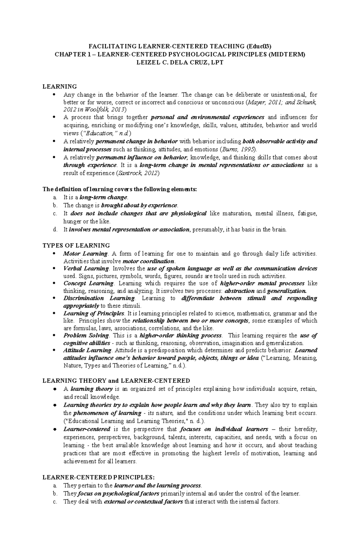 Learner-Centered Psychological Principles: Understanding & Impact (Educ03) - Studocu