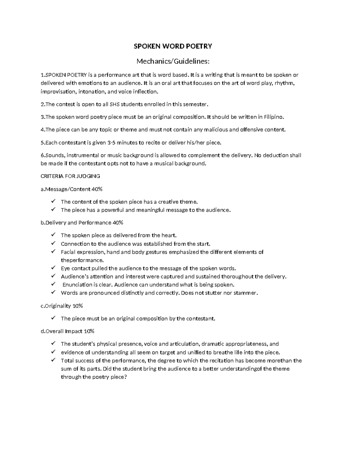 Spoken Word Poetry Guidelines for SHS Students: Contest Mechanics - Studocu