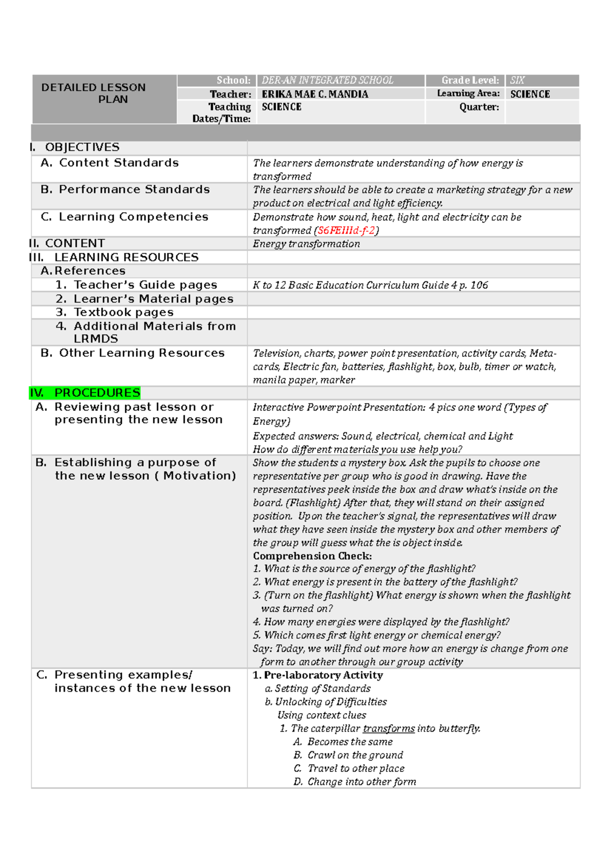 Science-6-COT - Semi-detailed Lesson Plan on Energy Transformation ...