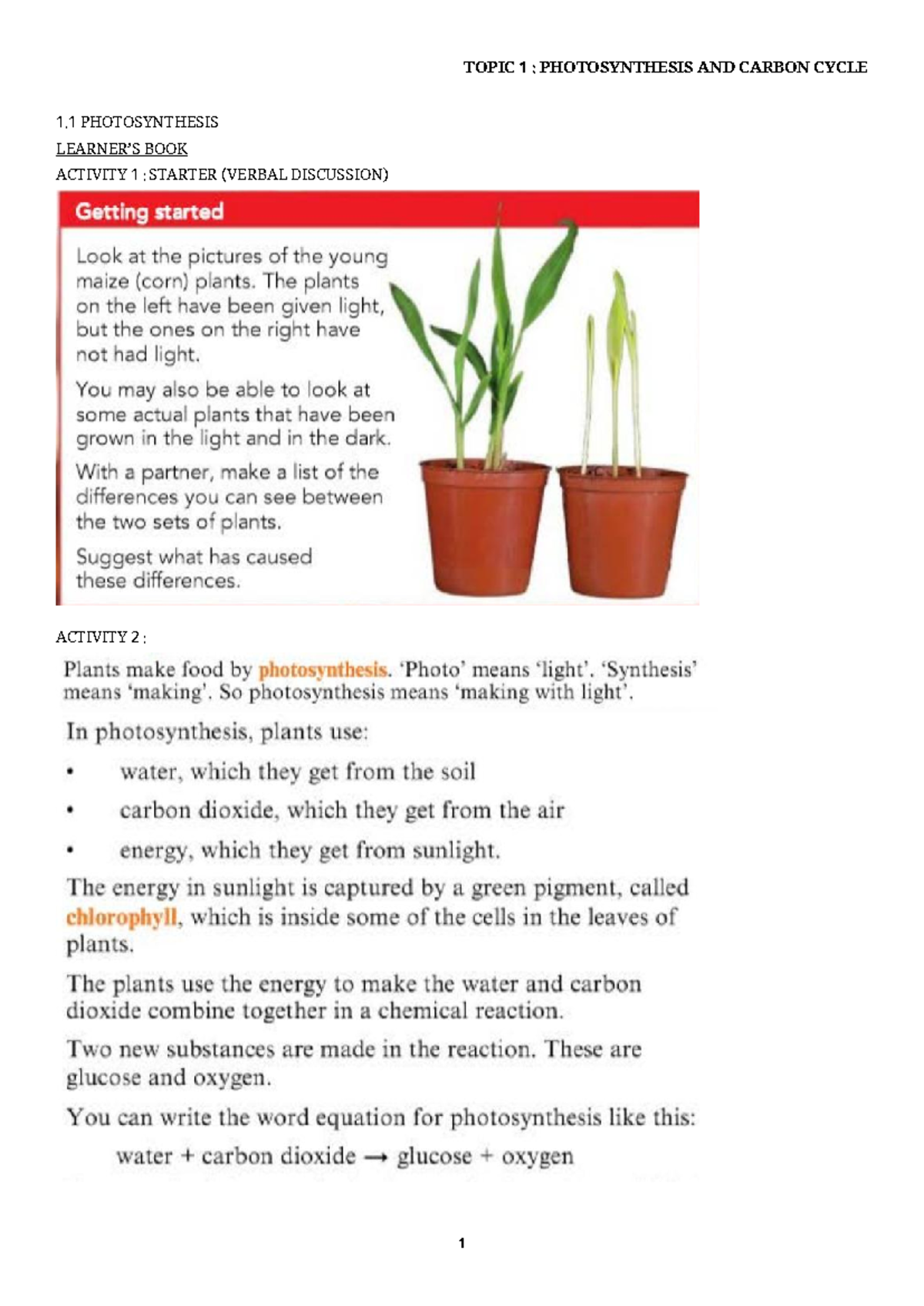 Topic 1: Photosynthesis and Carbon Cycle - Workbook Activities and ...