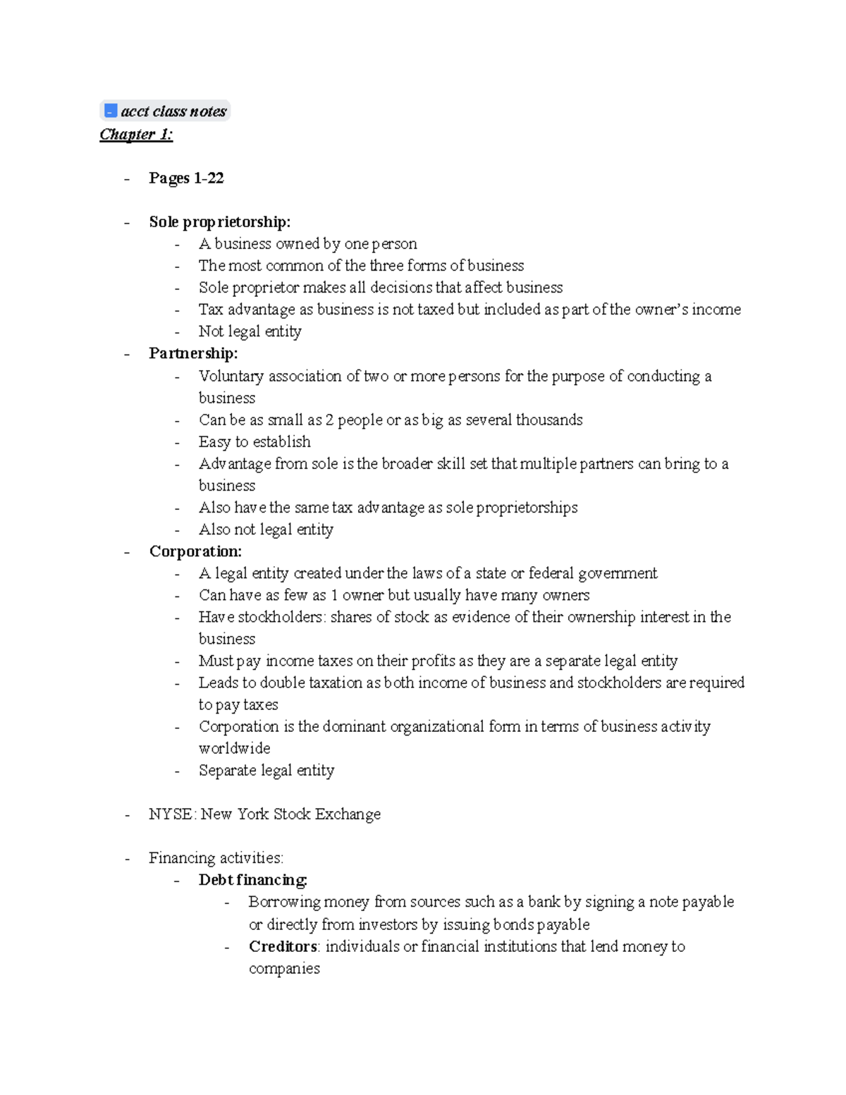 Acct 101 Class Notes Chapter 1 Business Structures Accounting