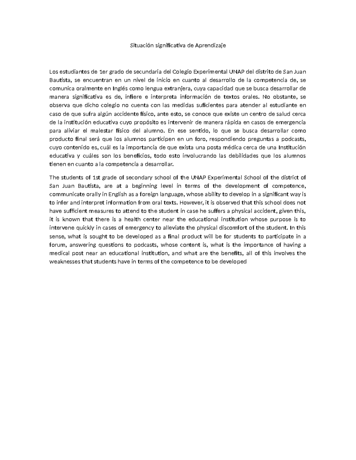 Situación Significativa de Aprendizaje en Inglés - 1er Grado - Studocu