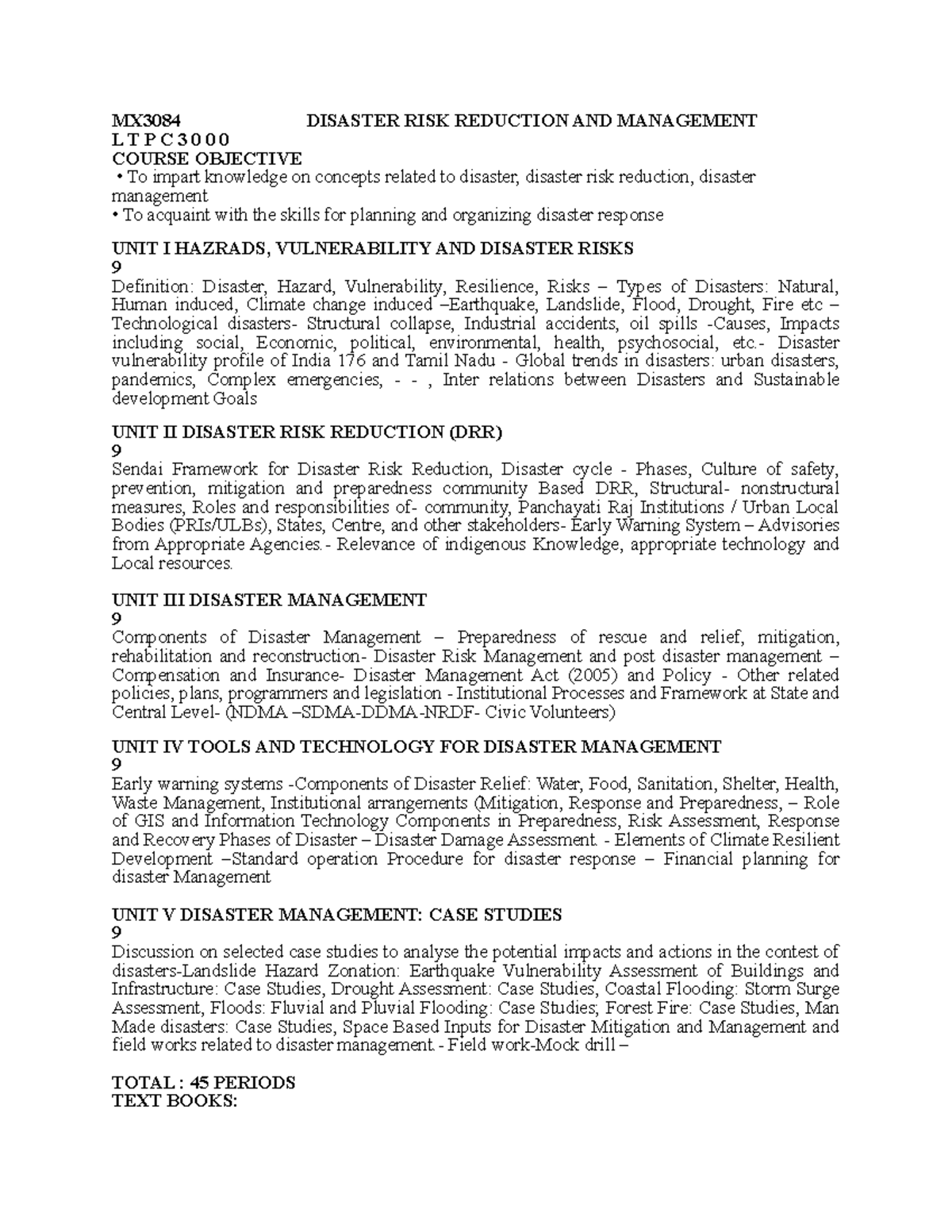 MX3084 Disaster Risk Reduction & Management Syllabus Overview - Studocu