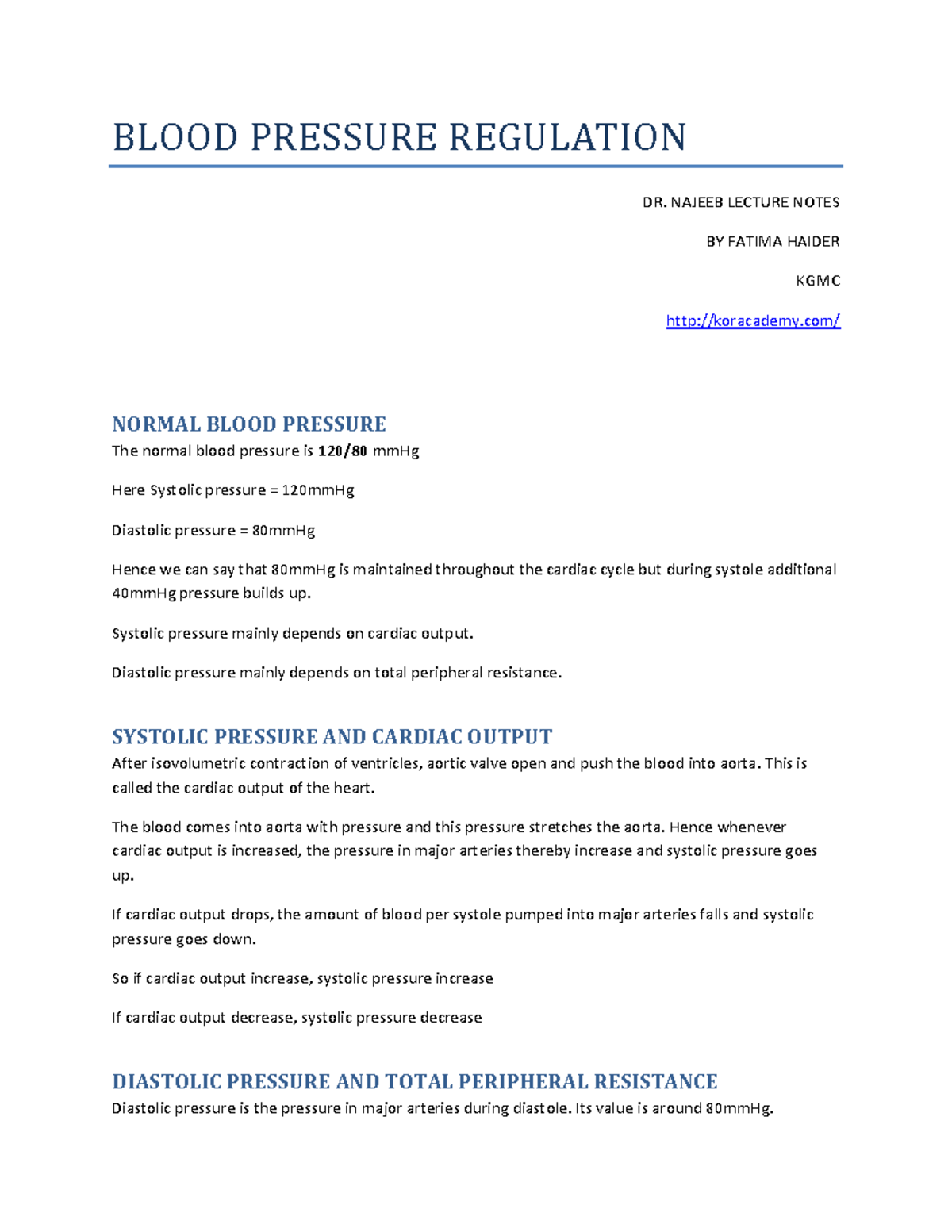 BLOOD PRESSURE REGULATION LECTURE NOTES (DR. NAJEEB) - KGMC - Studocu