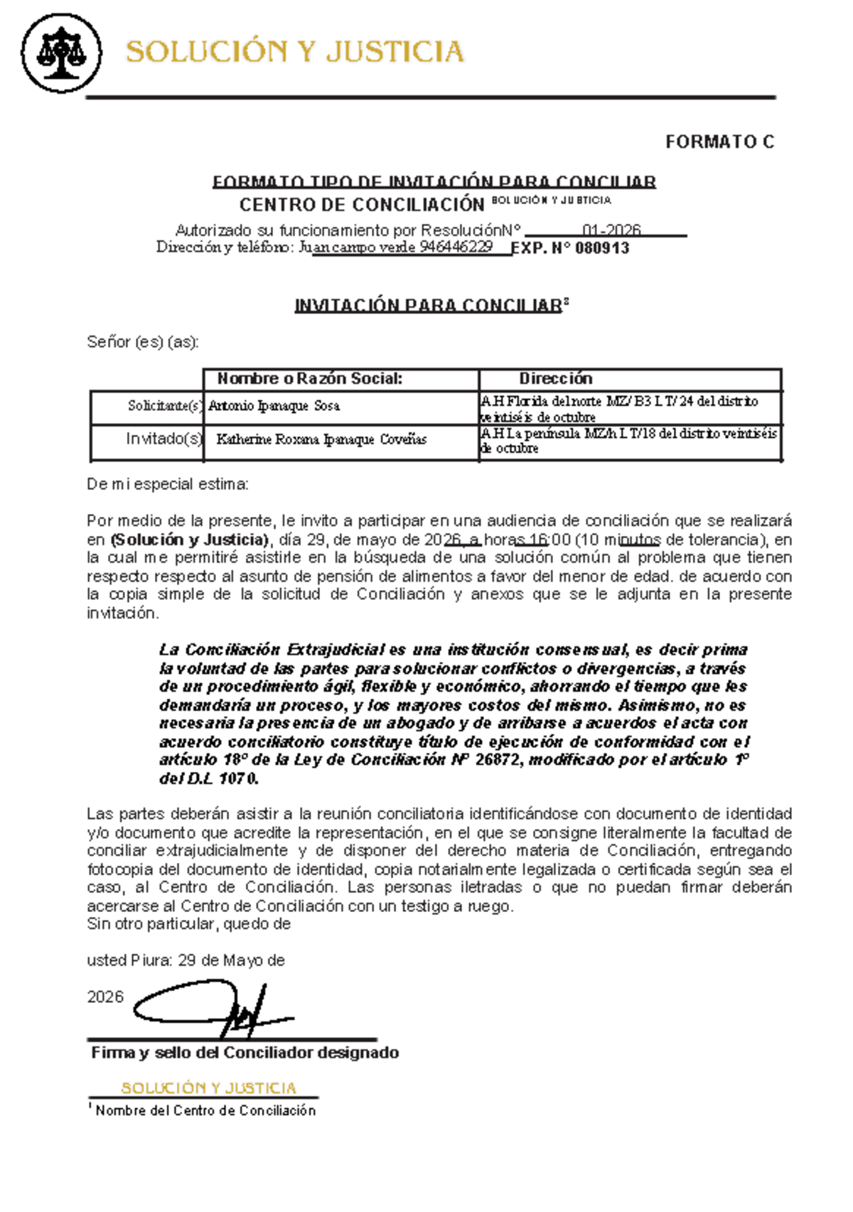 Invitación a Audiencia de Conciliación - IR Formato - Solución y ...