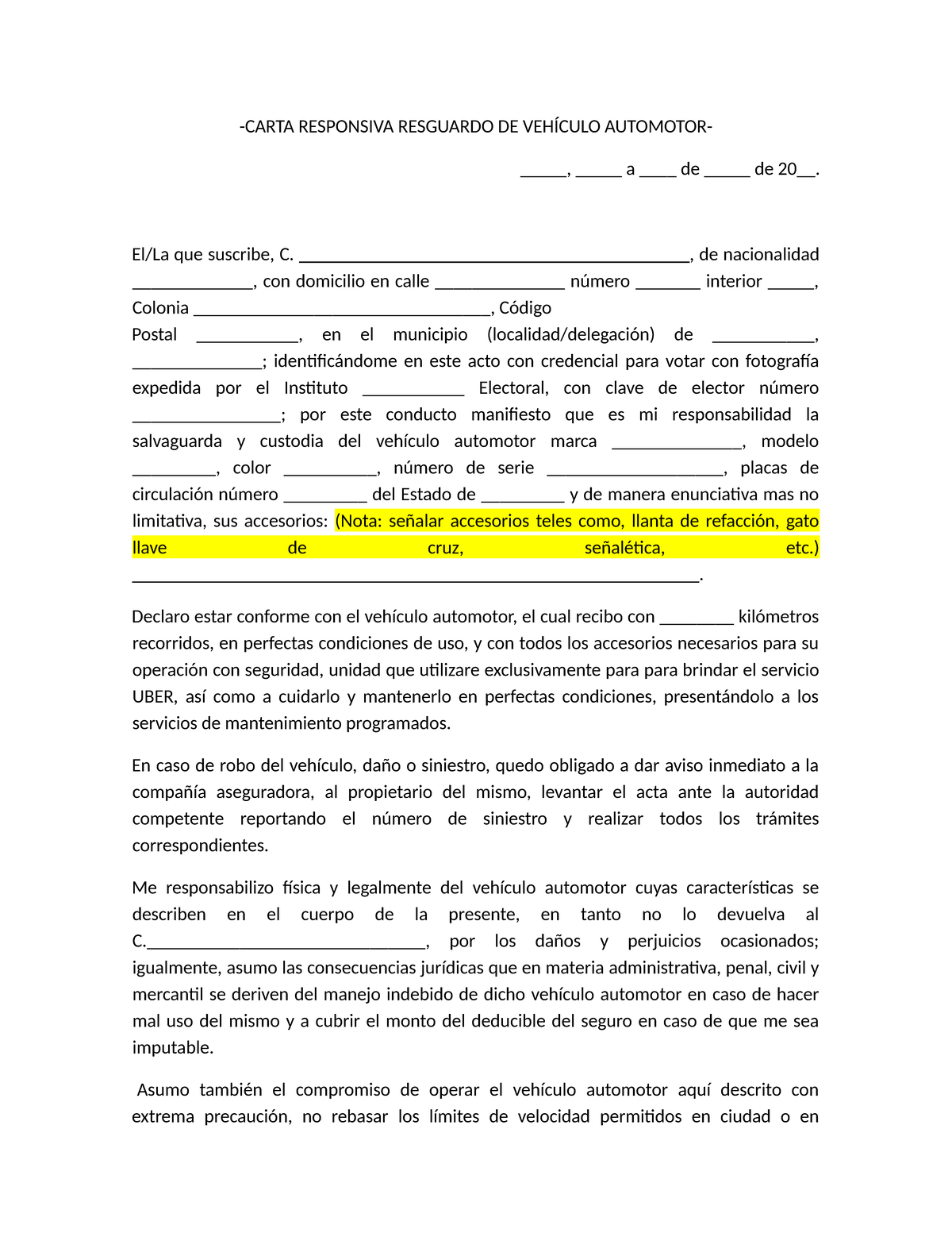 Carta Responsiva Resguardo de Vehículo Automotor - 2023 - Studocu