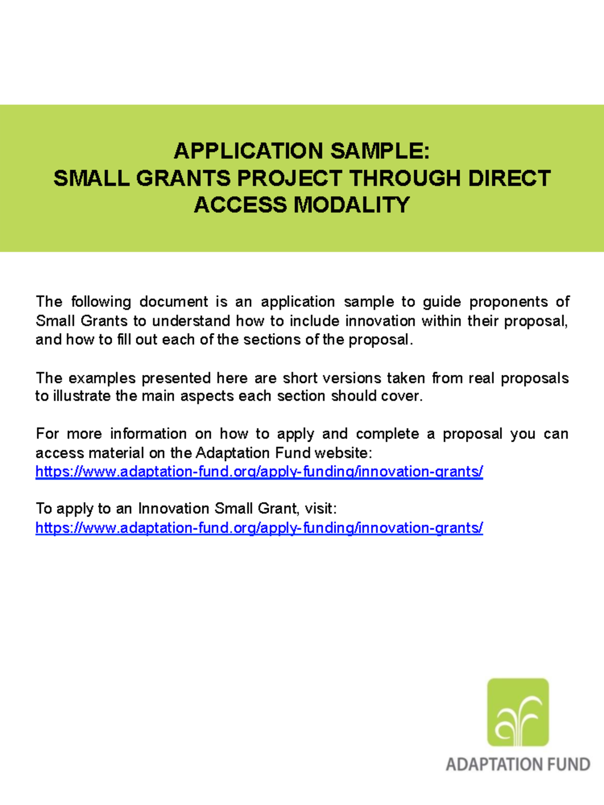 Adaptation Fund Innovation Application Sample: Small Grants Guide - Studocu