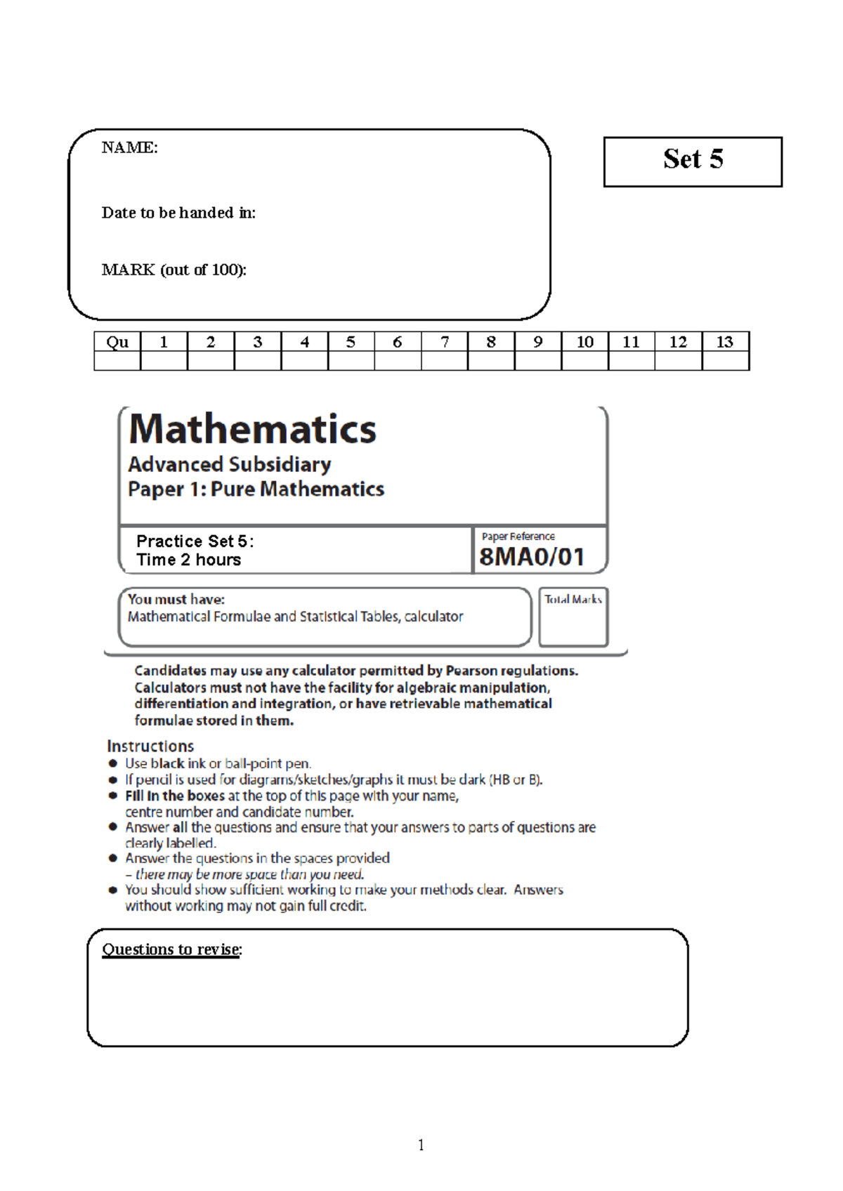 05 8MA0 01 AS Pure Mathematics: Practice Set 5 Questions - Studocu