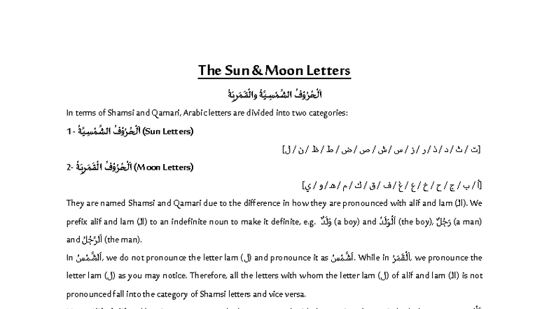 The Sun and Moon Letters: Shamsi and Qamari in Arabic - Studocu