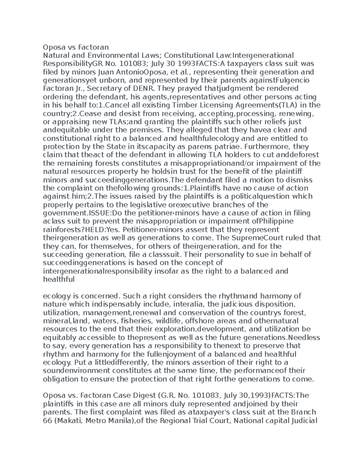 Oposa vs Factoran Case Digest - GR No. 101083, July 30, 1993 - Studocu