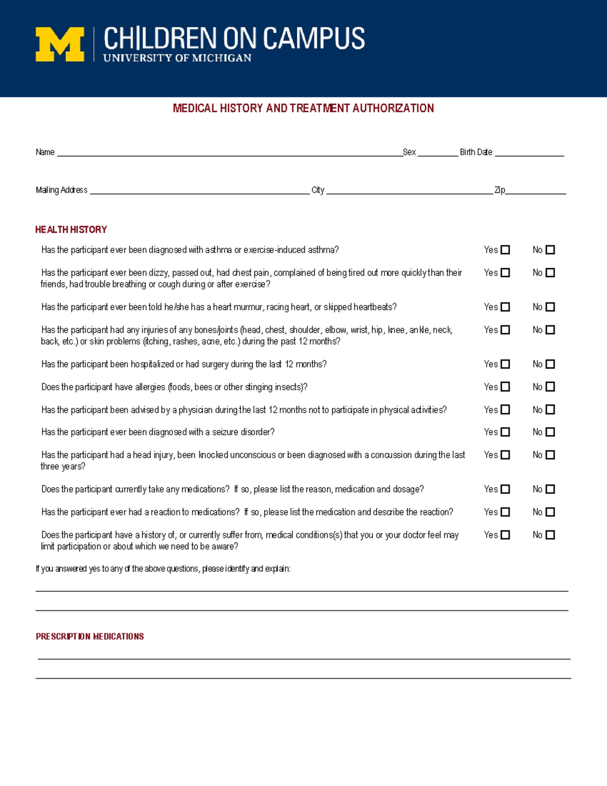 Medical History and Treatment Authorization - MEDICAL HISTORY AND ...