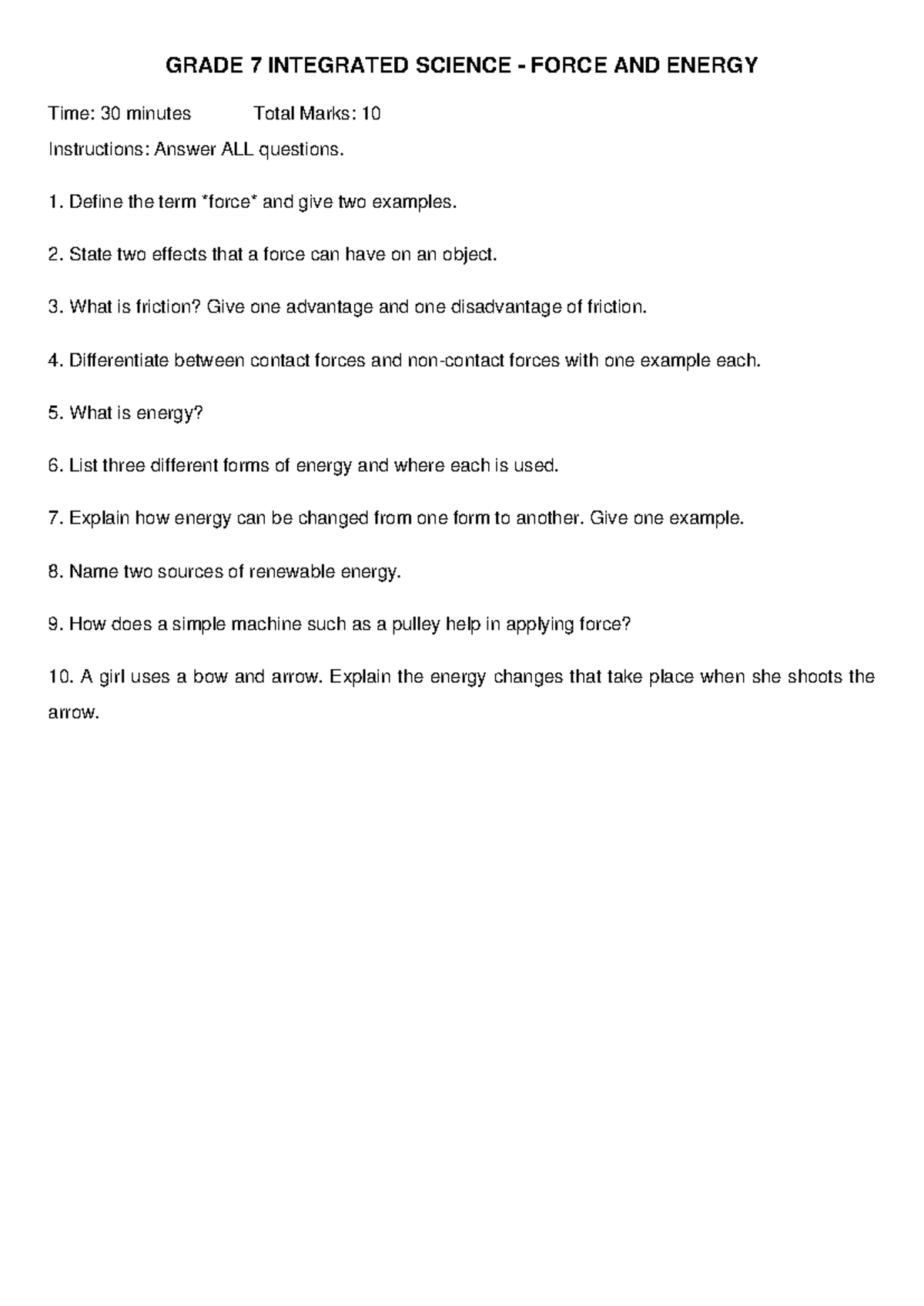 GRADE 7 INTEGRATED SCIENCE: FORCE & ENERGY EXAM QUESTIONS - Studocu