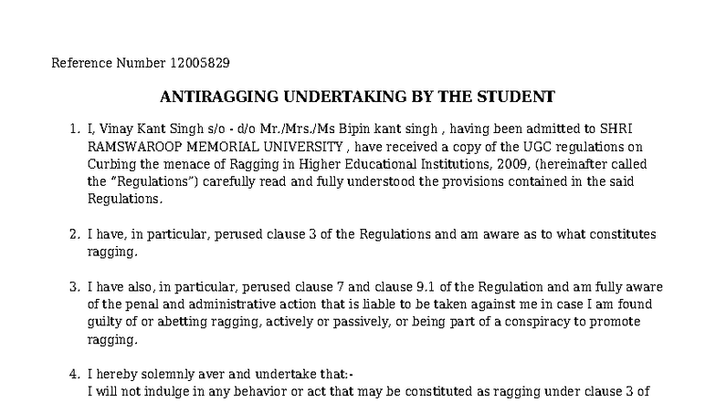 Antiragging Affidavit Form - SHRI RAMSWAROOP MEMORIAL UNIVERSITY - Studocu