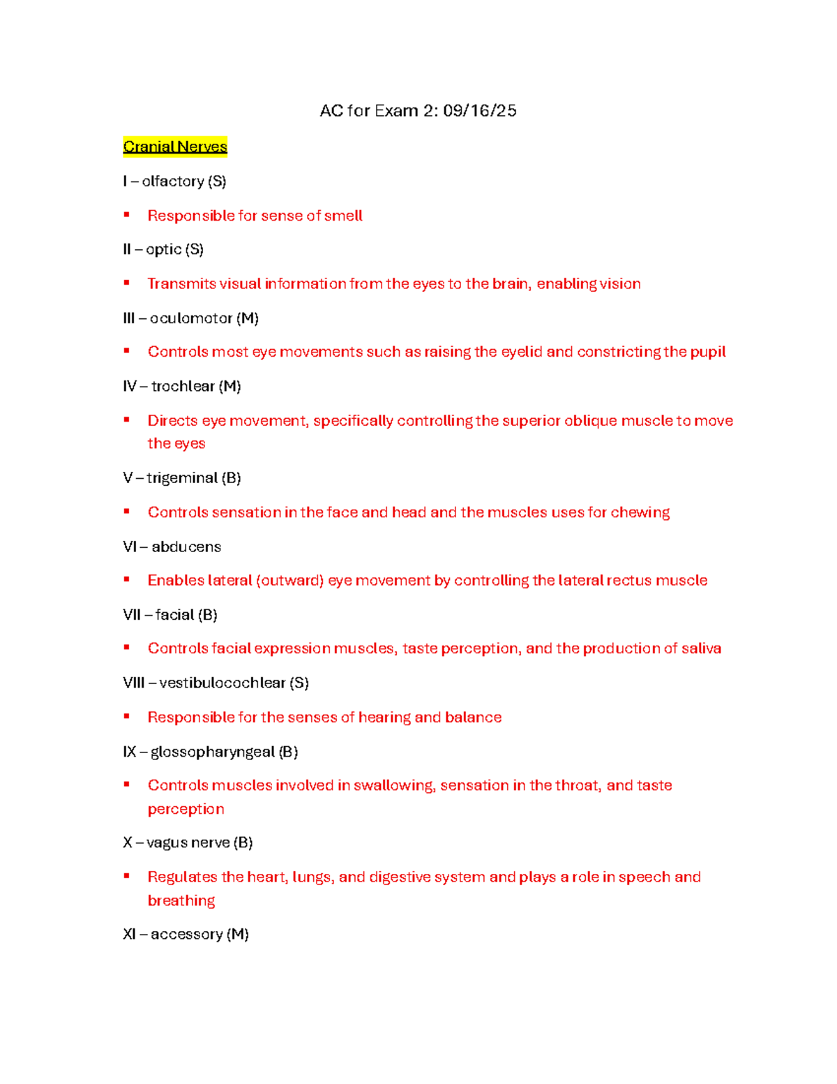 AC for Exam 2: Cranial Nerves and Ear Assessment Notes - Studocu